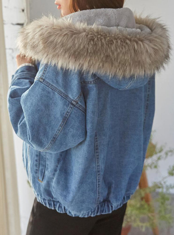 9100 Fur Collar Jean Jacket,Denim Over sized Denim Jacket- Warm jacket