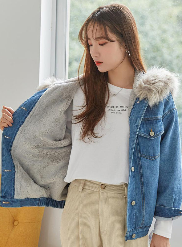 9100 Fur Collar Jean Jacket,Denim Over sized Denim Jacket- Warm jacket